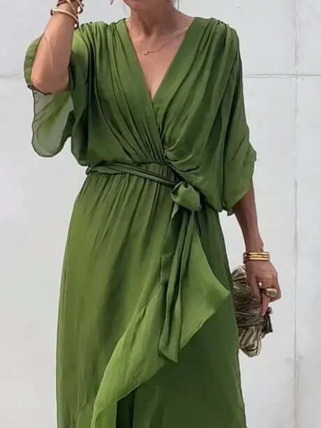 Fiona - green v-neck chiffon midi dress – DESTINY