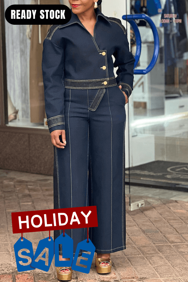 Chic Denim Lapel Top & Straight Pants Set – DESTINY